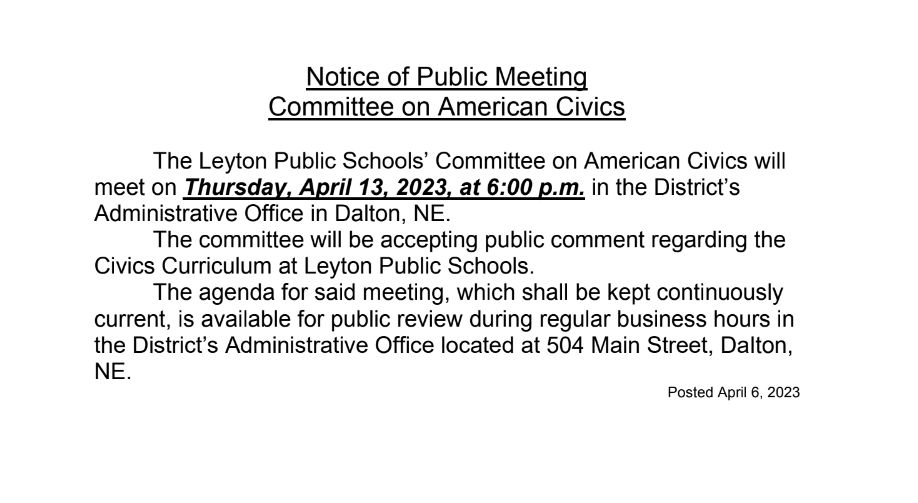 Leyton Public Schools - April 2023 American Civics Meeting Notice